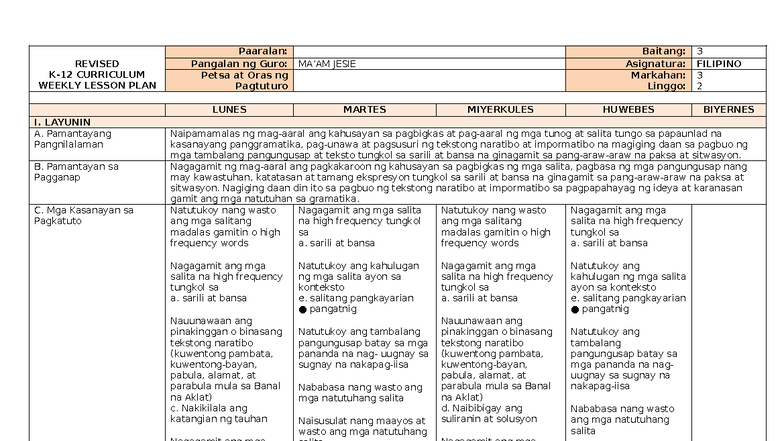 DLL Filipino 3 Q3 WEEK 2 - Weekly Lesson Plan on Language Skills - Studocu
