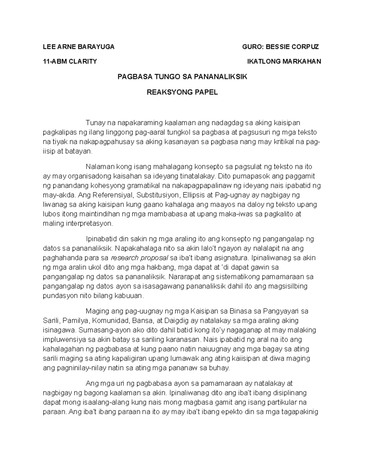 Pagbasa Tungo SA Pananaliksik Reaksyong Papel ( Reaction Paper) - LEE ...