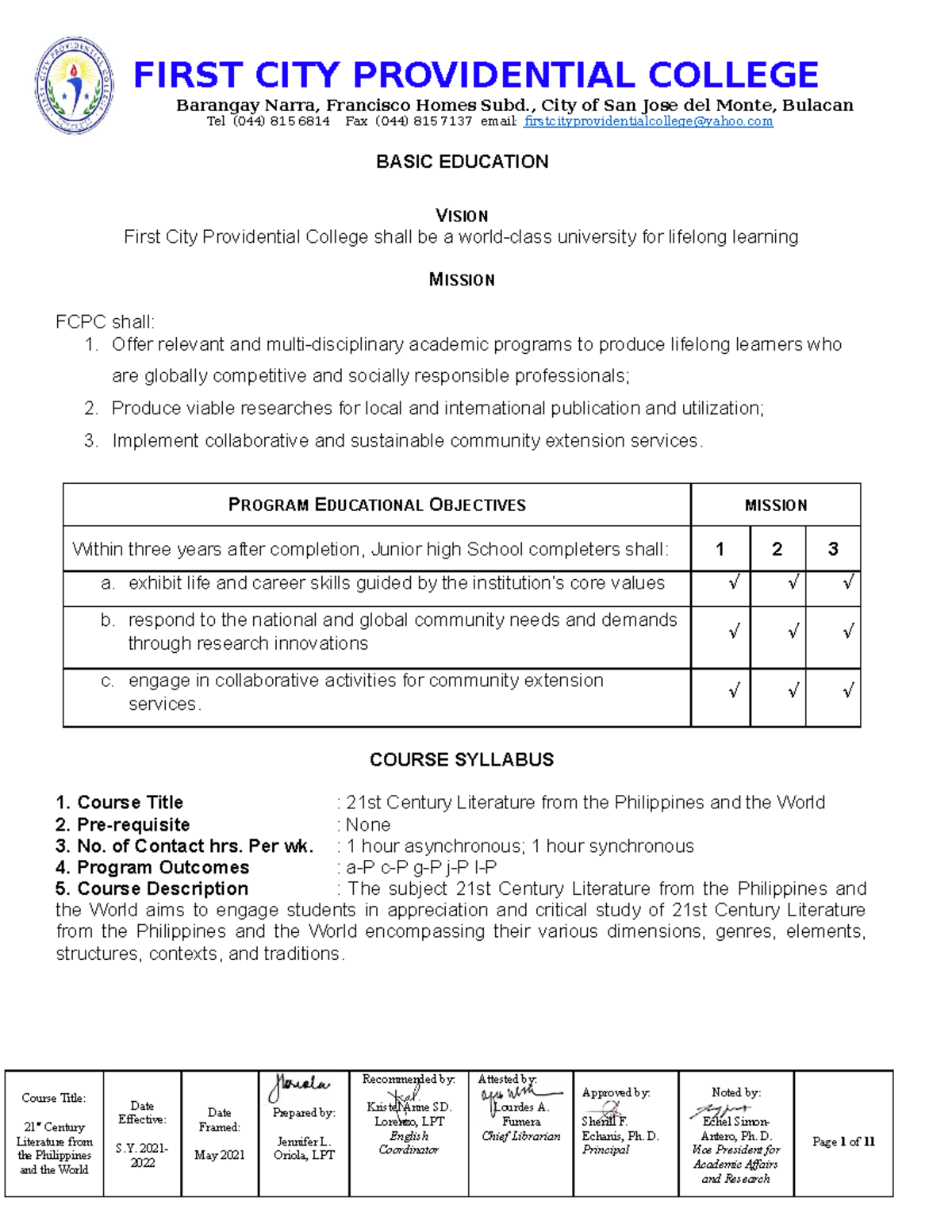 OBTL Syllabus for 21st Century Literature (CLPW) - Studocu
