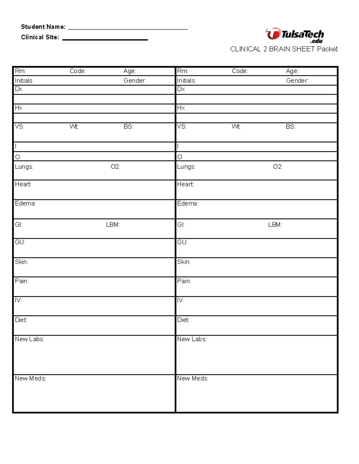 Brain Sheet Partial Packet - 101 - Student Name: Clinical Site ...
