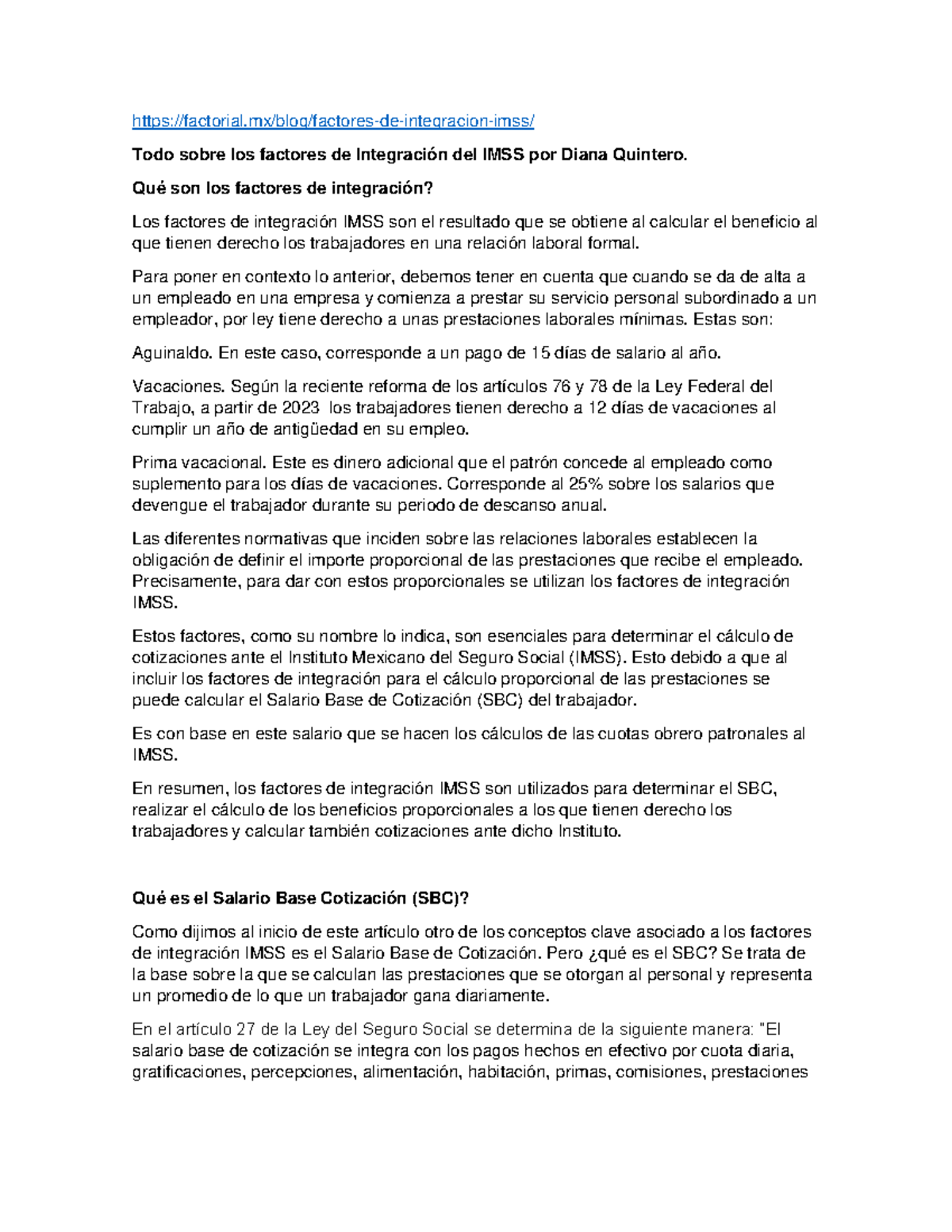 Factores de Integración IMSS: Cálculo y Beneficios Laborales - Studocu