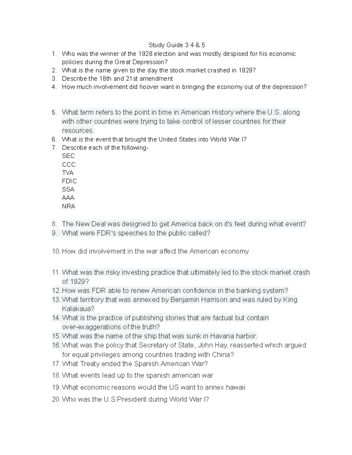 U.S. History Study Guide: Great Depression to WWI (SG 3 4 5) - Studocu