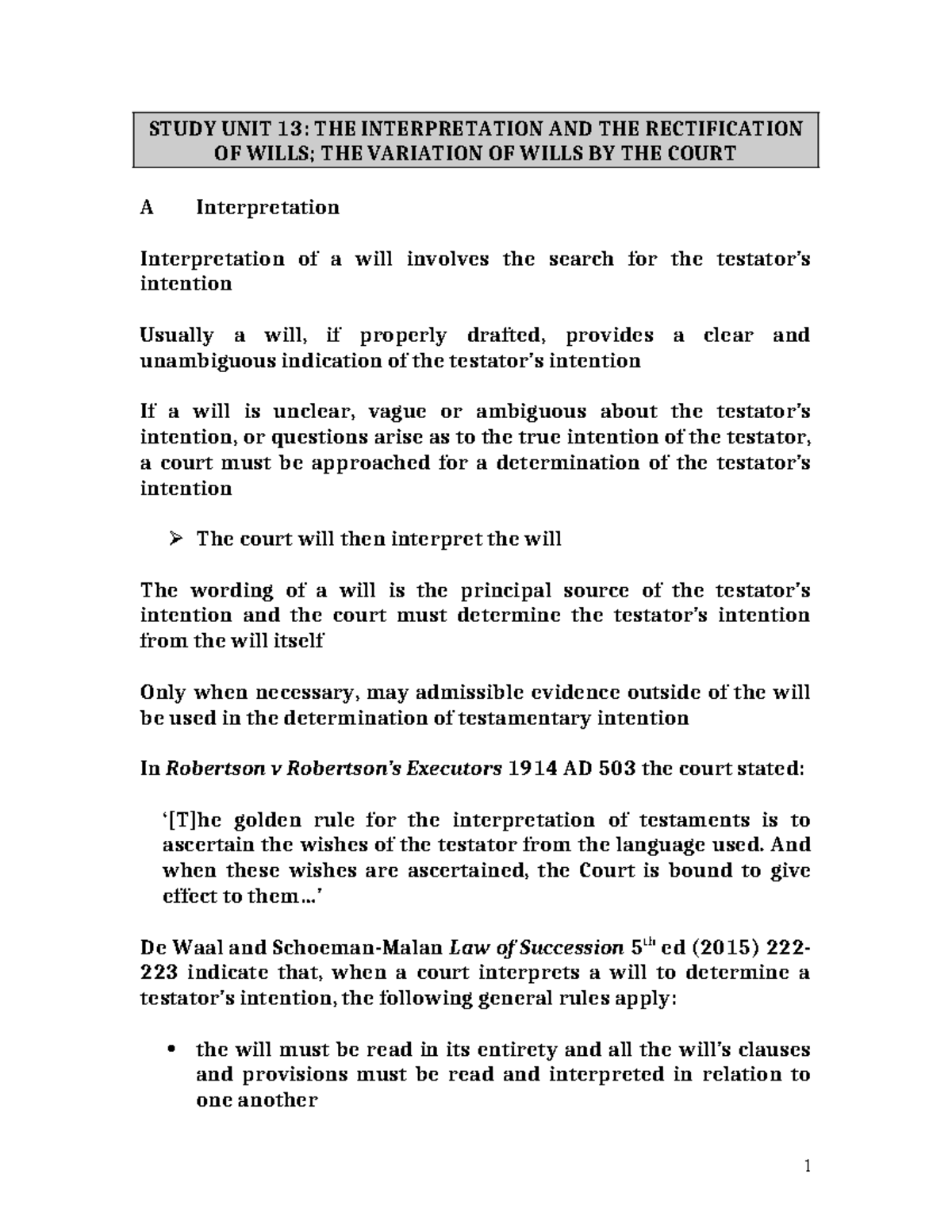 LAW OF SUCCESSION: STUDY UNIT 13 - INTERPRETATION & RECTIFICATION OF WILLS - Studocu