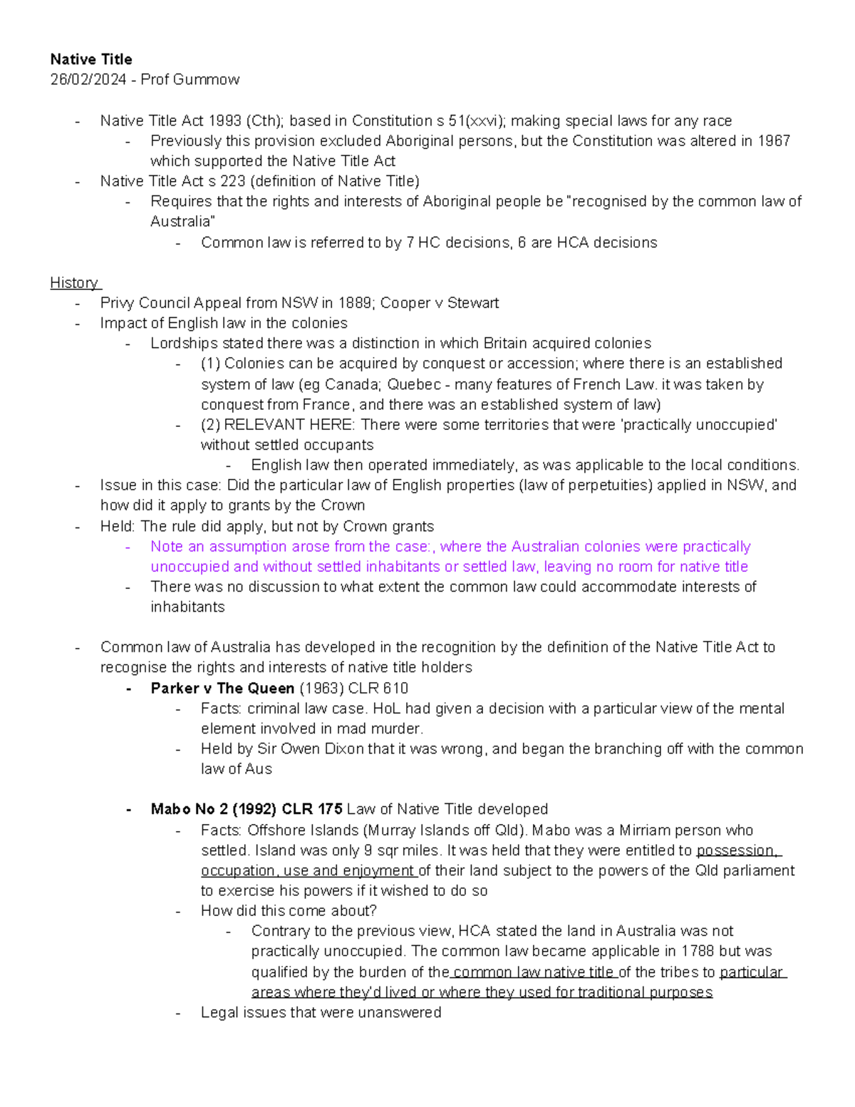 Lecture 3: Overview and Implications of the Native Title Act 1993 - Studocu