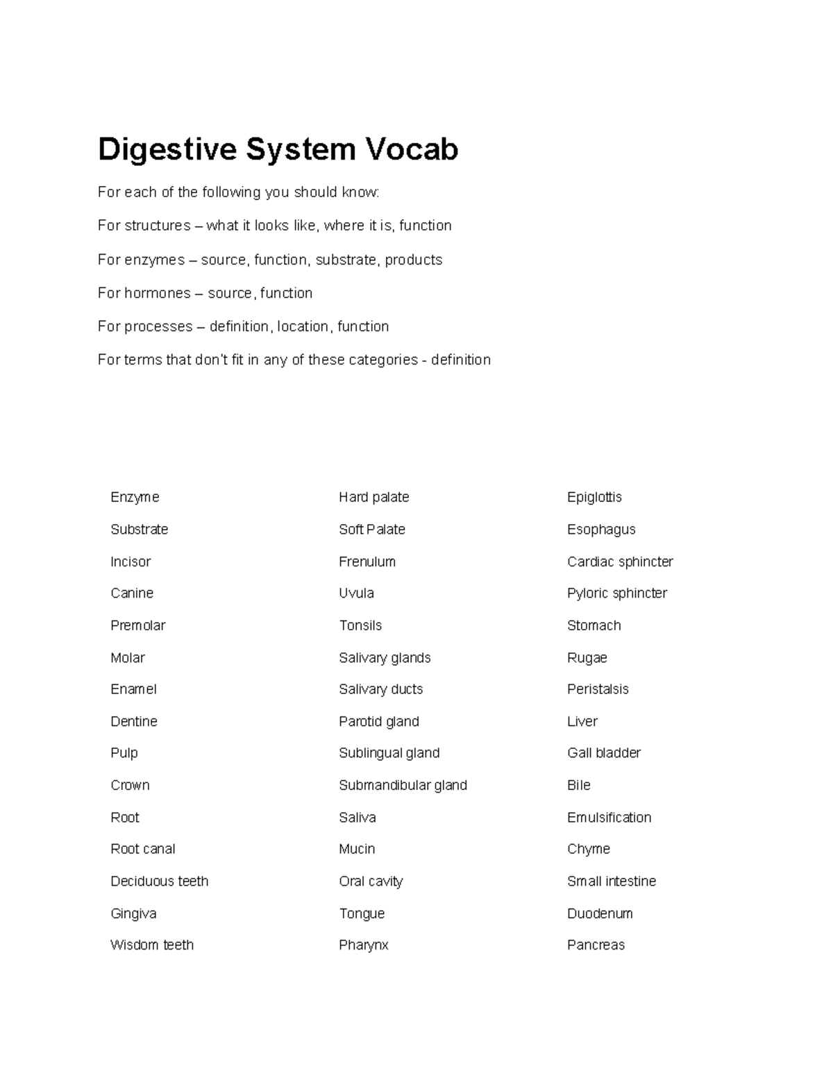 Digestive System Review Vocabulary - Digestive System Vocab For each of ...