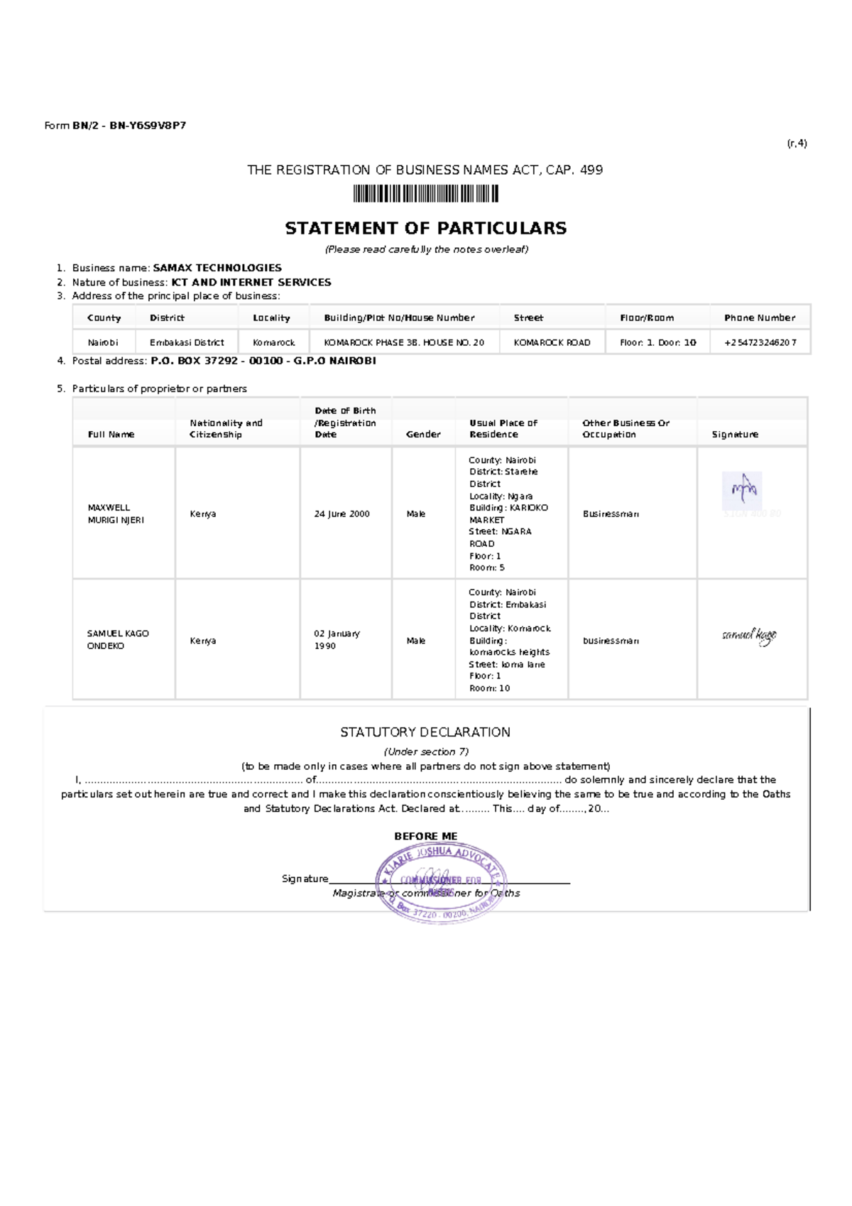 BN 2 Somax signed - JKKJHGDD - THE REGISTRATION OF BUSINESS NAMES ACT ...