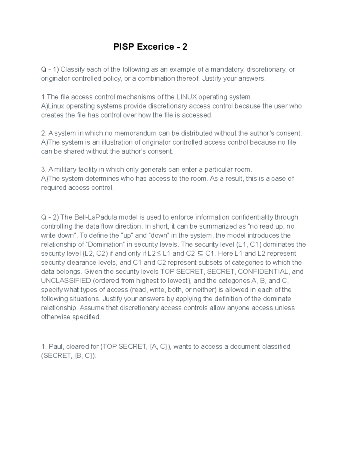 PISP Exercise 2: Access Control and RBAC Analysis - Studocu