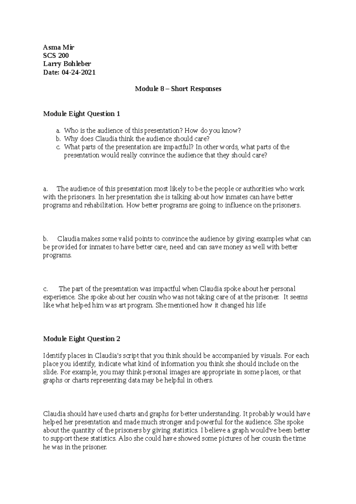 SCS200 Module 8 short responses - Asma Mir SCS 200 Larry Bohleber Date ...