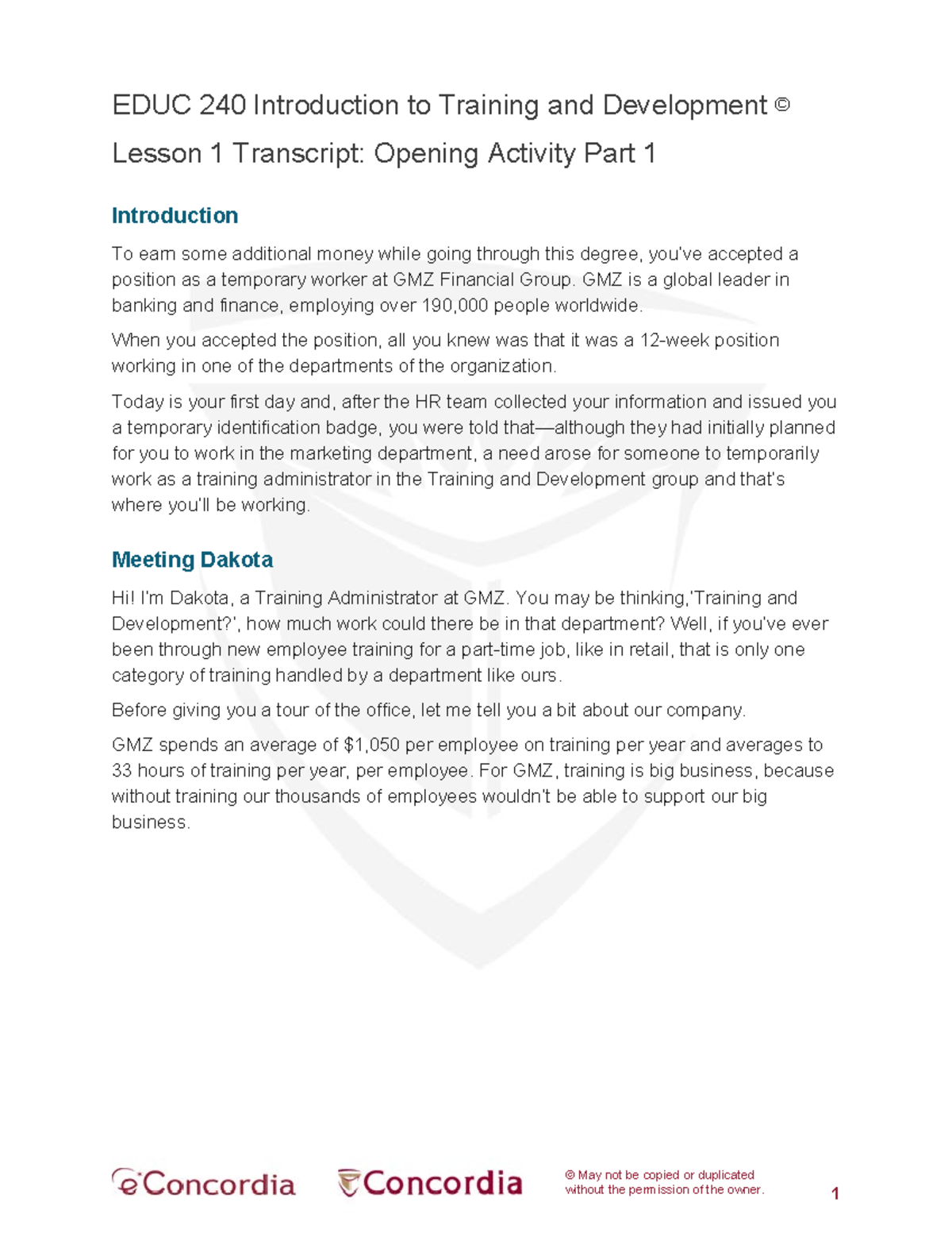 _L1_1_Introduction_to_Lesson_One_Transcript_v1.pdf - 1 © May not be copied or duplicated without ...