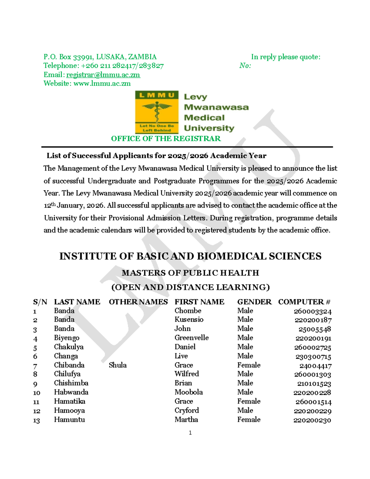LMMU 2026 Intake: List of Successful Applicants for Admission - Studocu