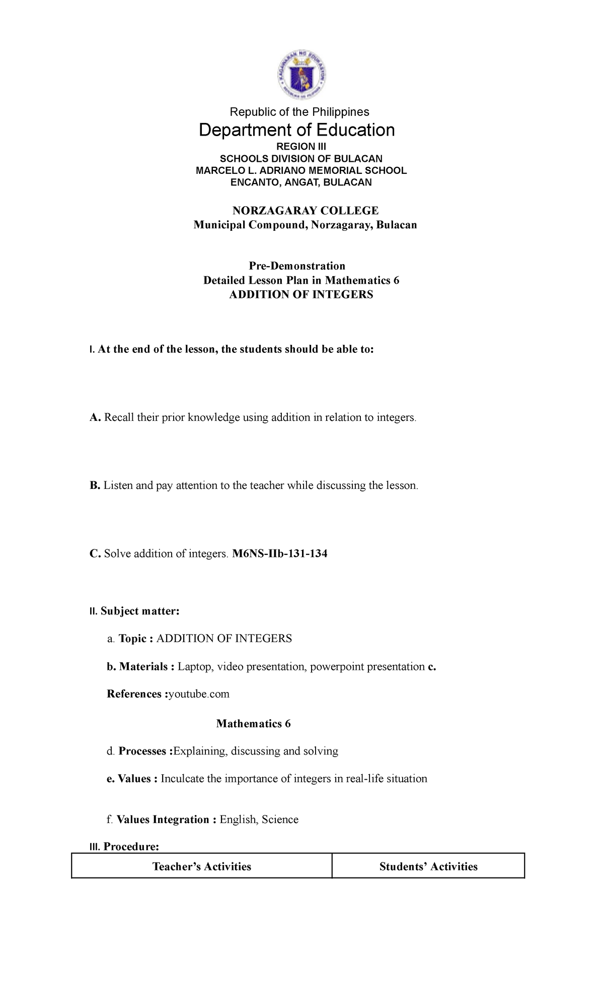 M6 Detailed Lesson Plan: Addition of Integers (Pre-Demo) - Studocu