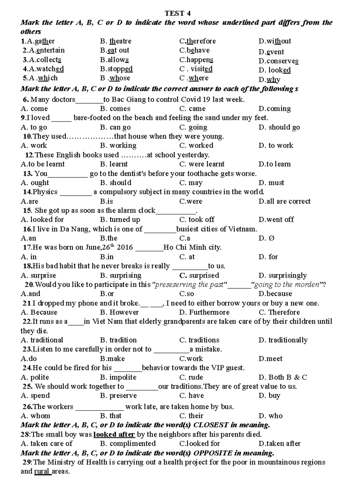 English Grammar Test 4: Question Set and Answers - Studocu