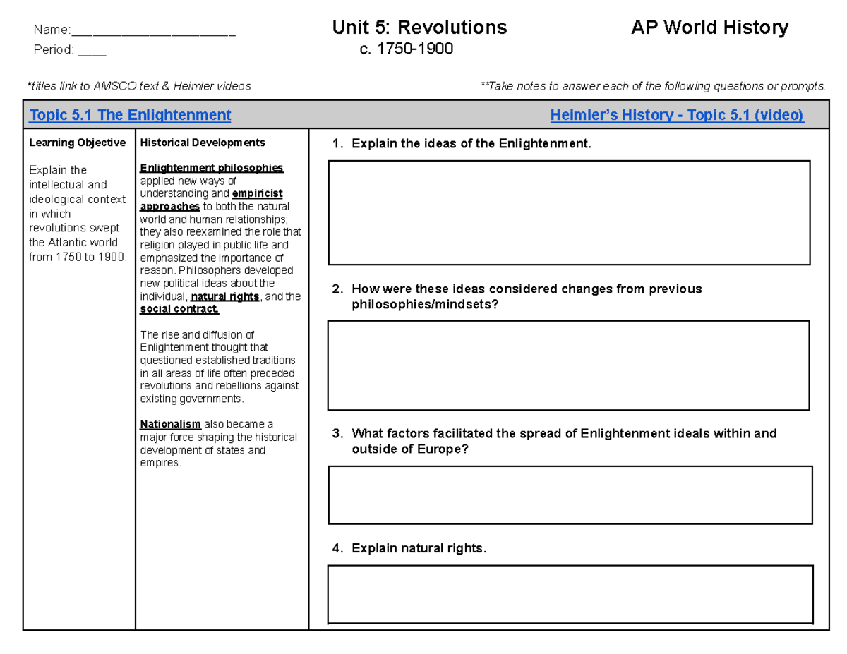 APWH Unit 5 Guided Notes: Revolutions 1750-1900 Overview - Studocu
