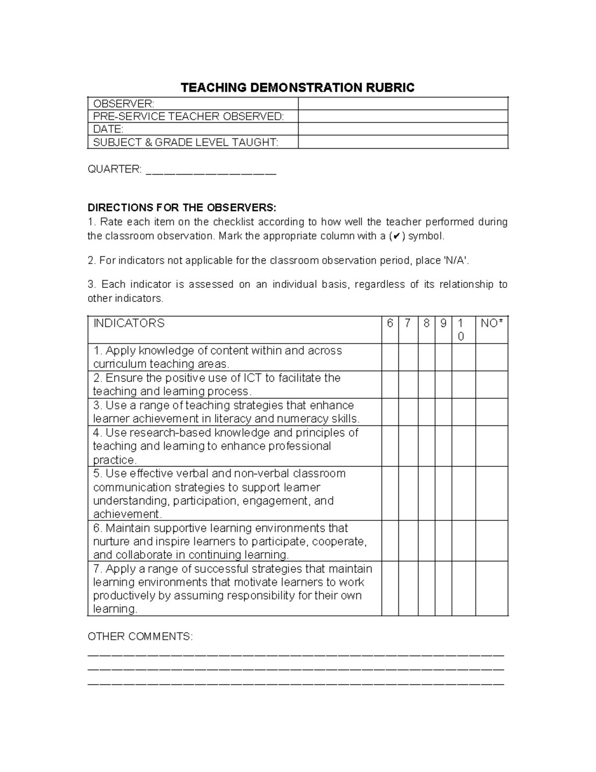 Rubrics for Teaching Demonstration & Detailed Lesson Plan Evaluation ...