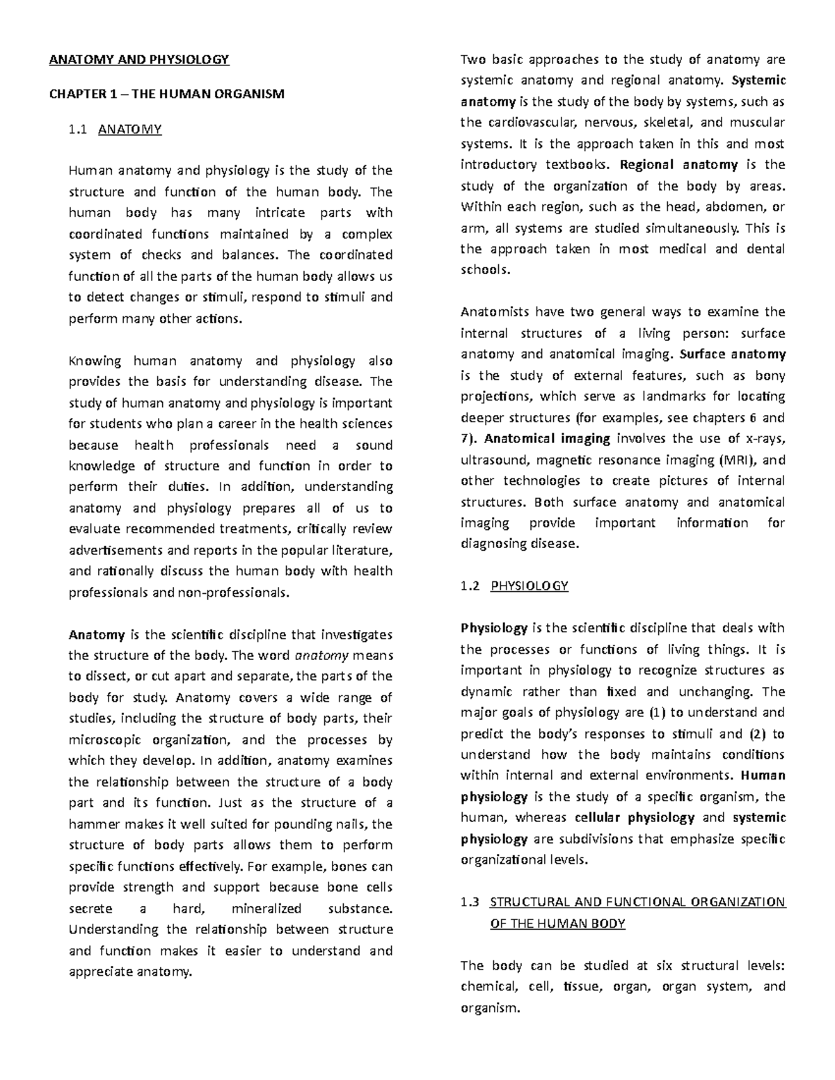 Anaphy CH 1: Overview of Human Anatomy & Physiology - Studocu