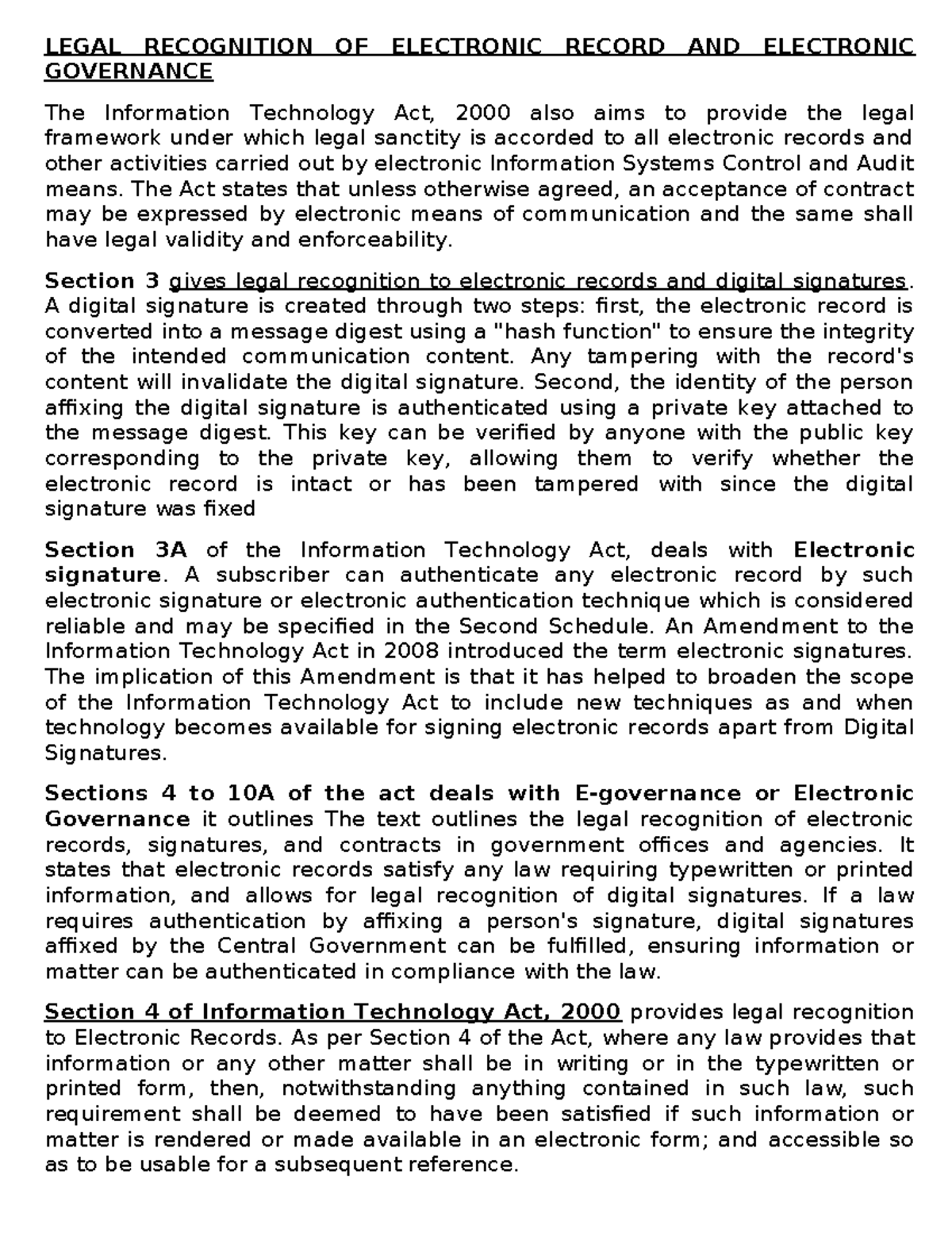 Legal Recognition of Electronic Records: Insights from IT Act - Studocu