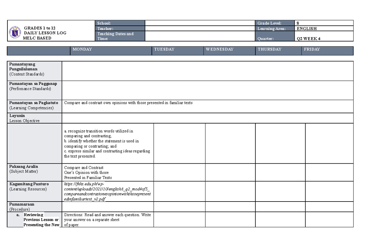 MELC DLL ENG 8 WEEK 4 Q2 done - GRADES 1 to 12 DAILY LESSON LOG MELC ...