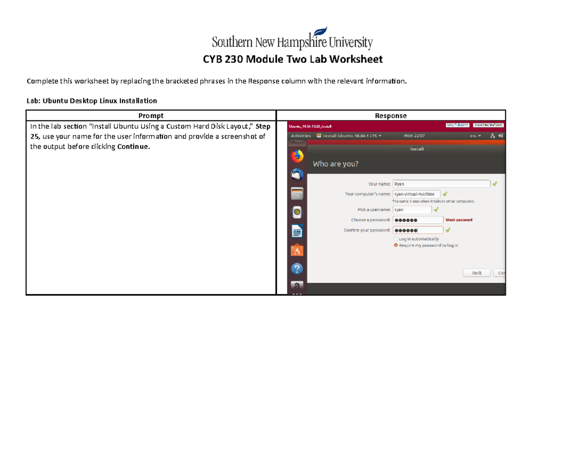 CYB 230 Module Two Lab Worksheet: Ubuntu Installation & Data Security ...