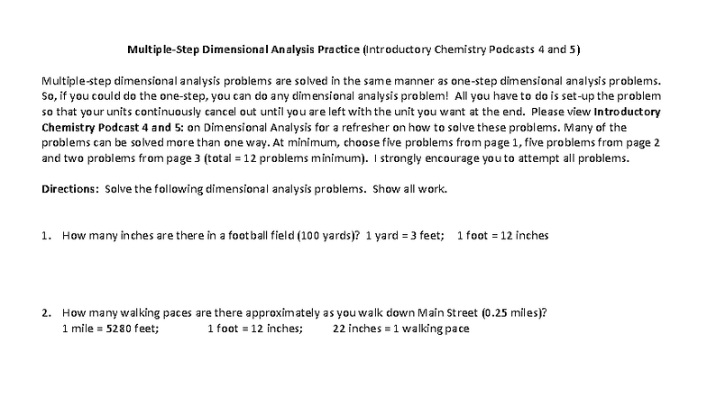 Dimensional Analysis Practice Problems (Chem 101) - Studocu