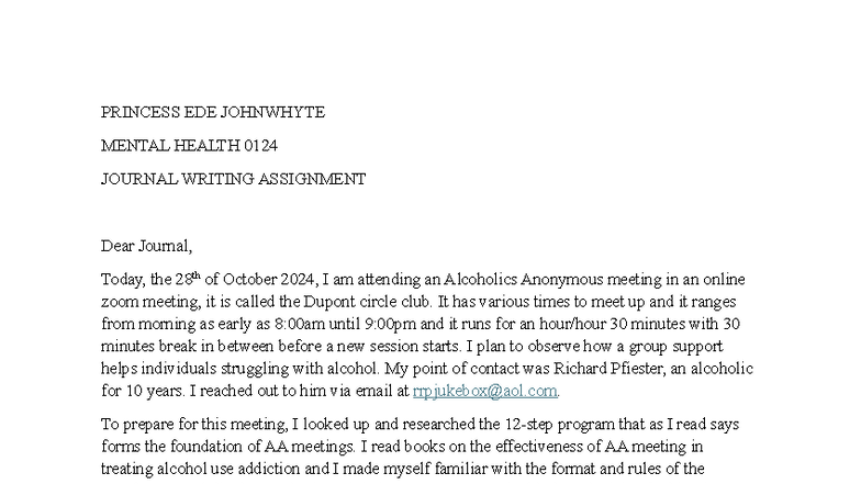 Mental Health Journal Writing Assignment 0124: AA Meeting Reflection ...