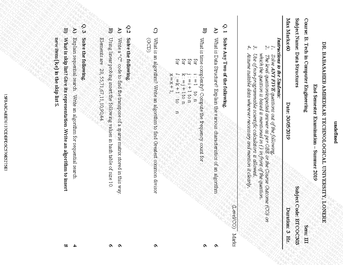 B. Tech 3rd Sem Data Structures Exam Notes (BTCOC303) - May 2019 - Studocu