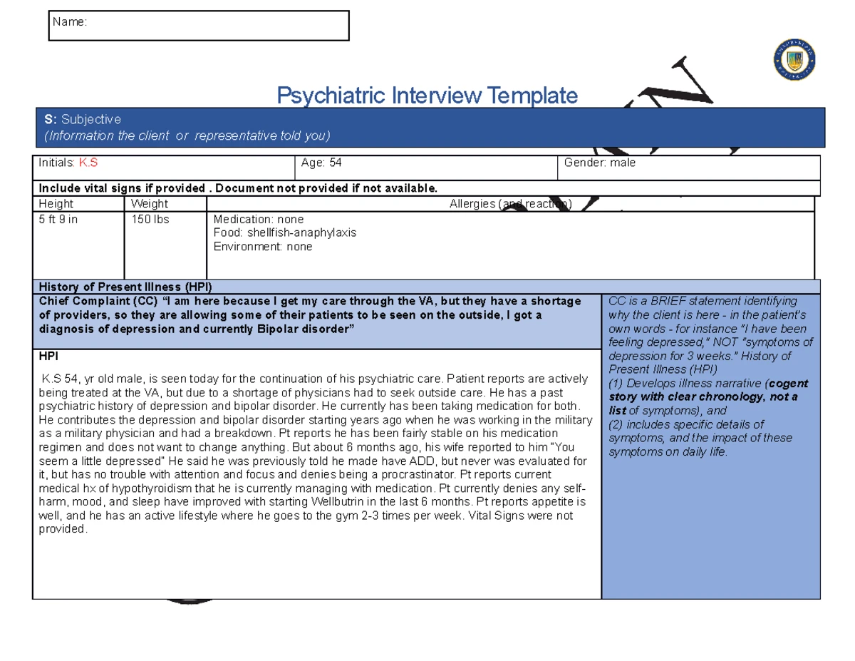 NR 548 psychiatric history assignment Filled) - Psychiatric History ...