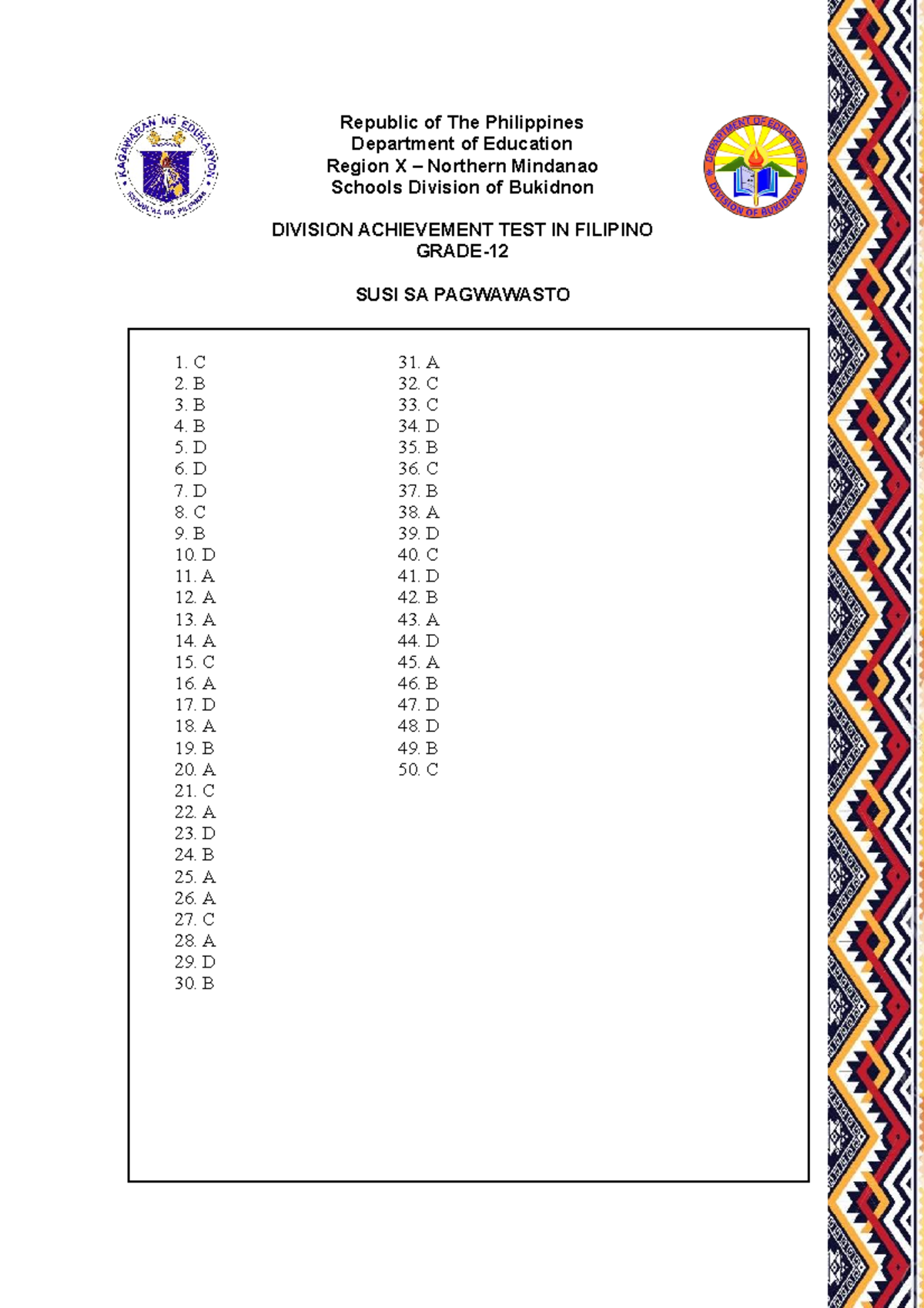 NAT Answer Key for Filipino 12 - Division Achievement Test - Studocu