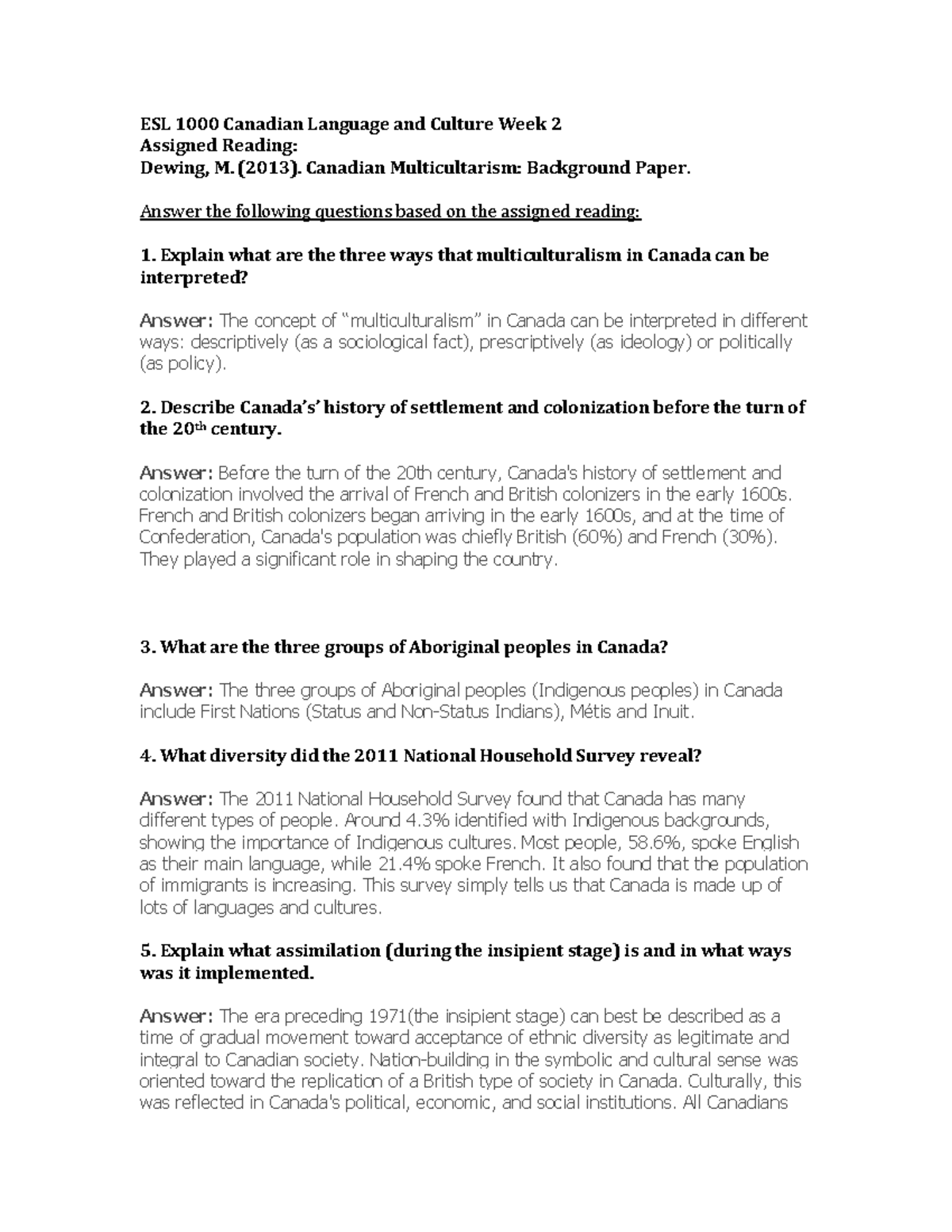 ESL 1000 - Week 2: Multiculturalism - Guiding Questions & Answers - Studocu