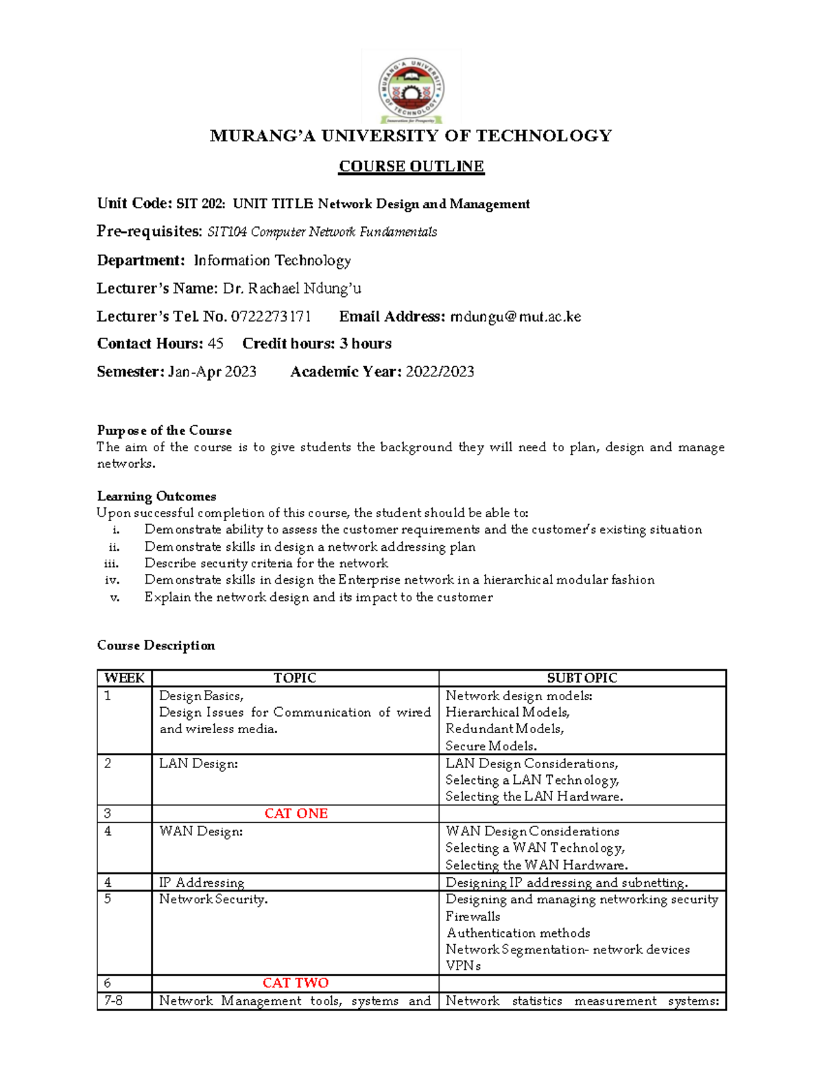 SIT 202 Network Design and Management Course Outline and Details - Studocu