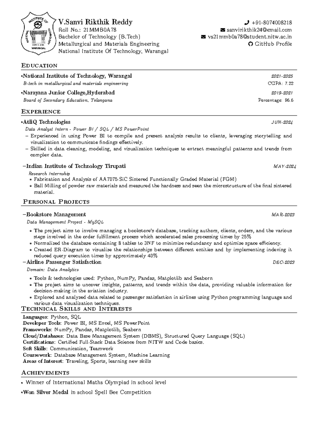 Core Resume - B.Tech in Metallurgical & Materials Engg (21MMB0A78 ...