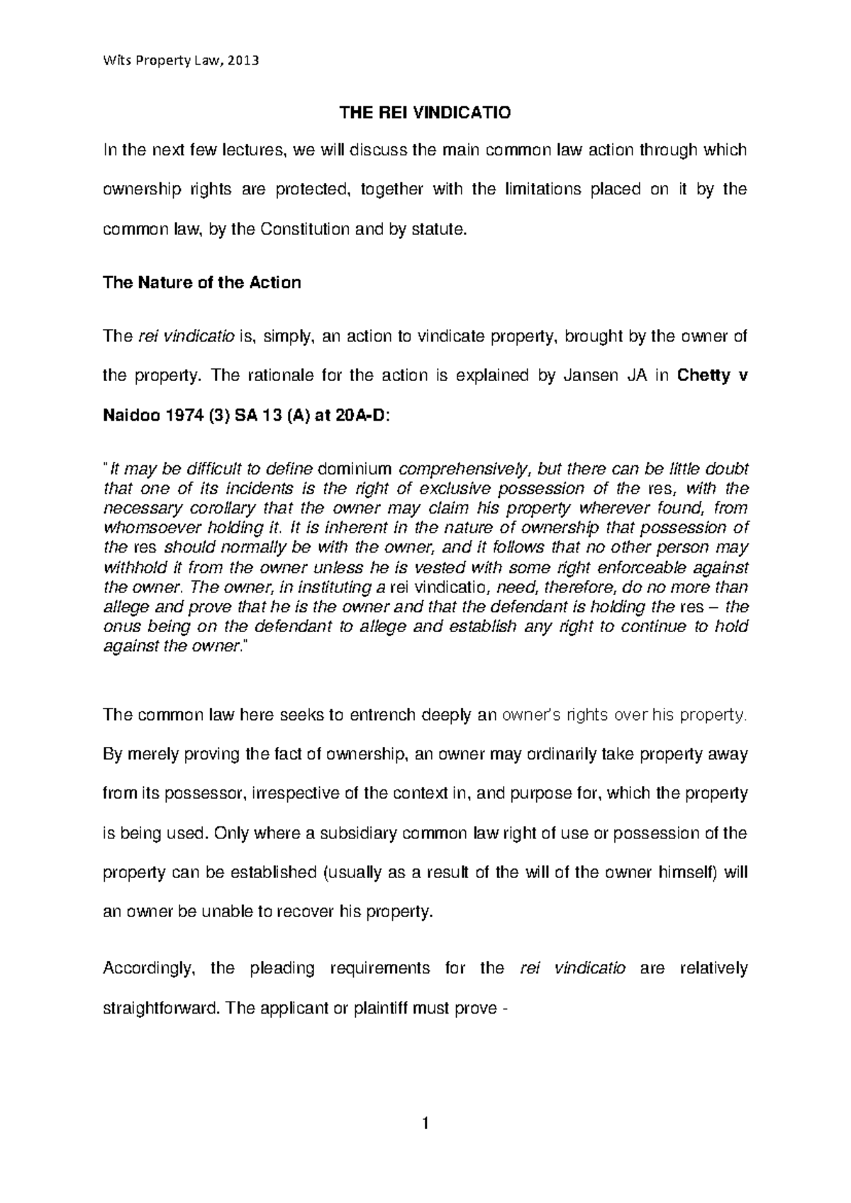 THE REI Vindicatio AND Estoppel - THE REI VINDICATIO In the next few ...