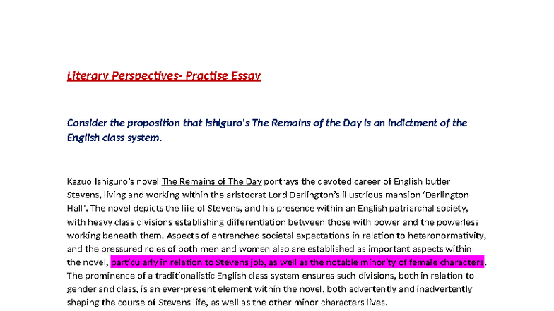 Literary Perspectives: Essay on The Remains of the Day - Studocu
