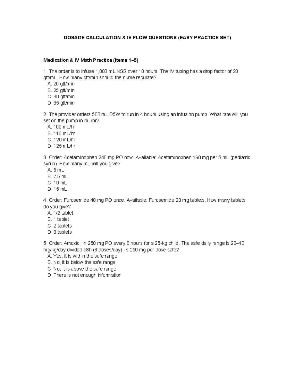 DOSAGE CALCULATION IV FLOW QUESTIONS (MEDICATION MATH PRACTICE) - Studocu