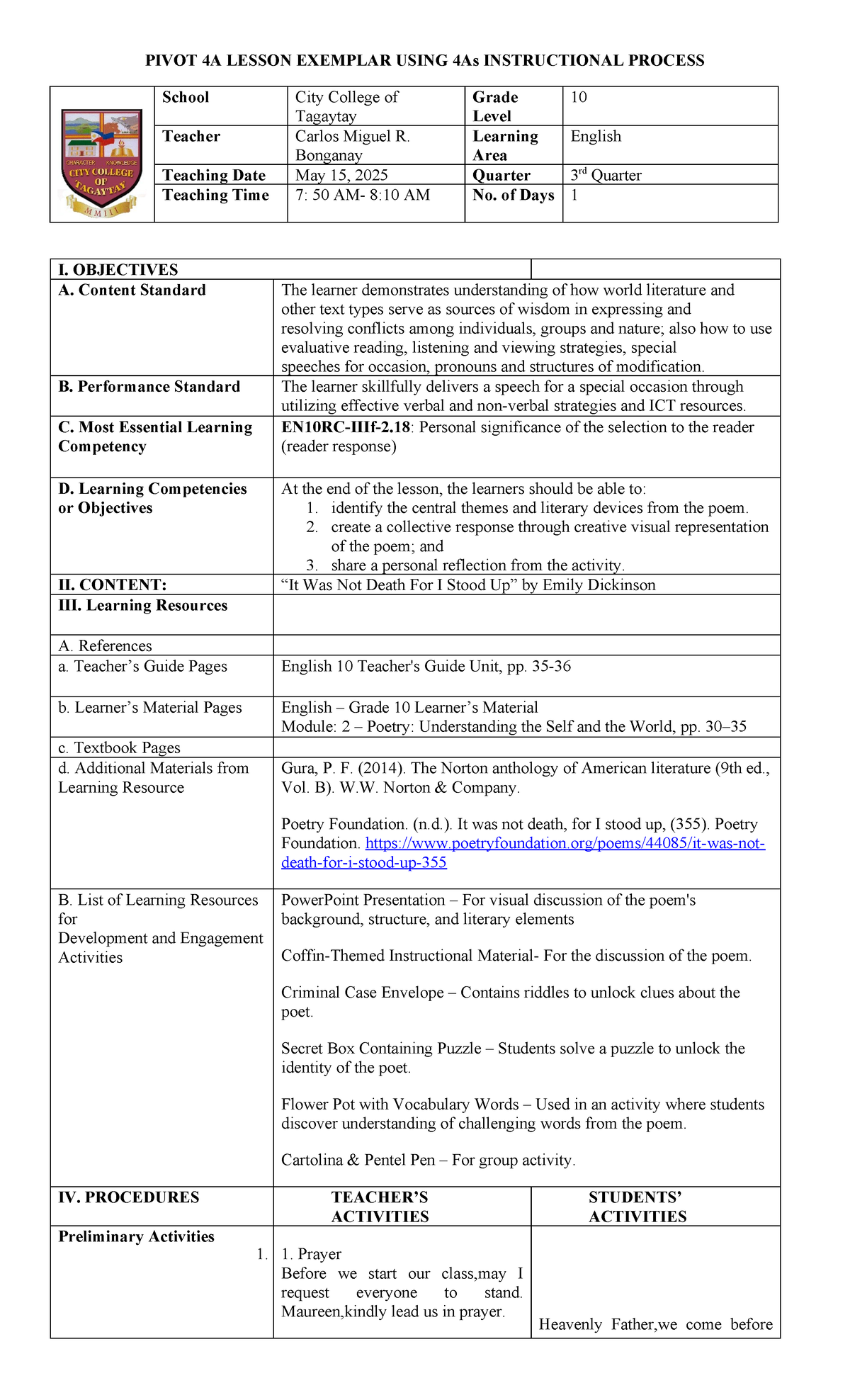 Bonganay A4 - Lesson Plan on Emily Dickinson's "Was Not Death" - Studocu