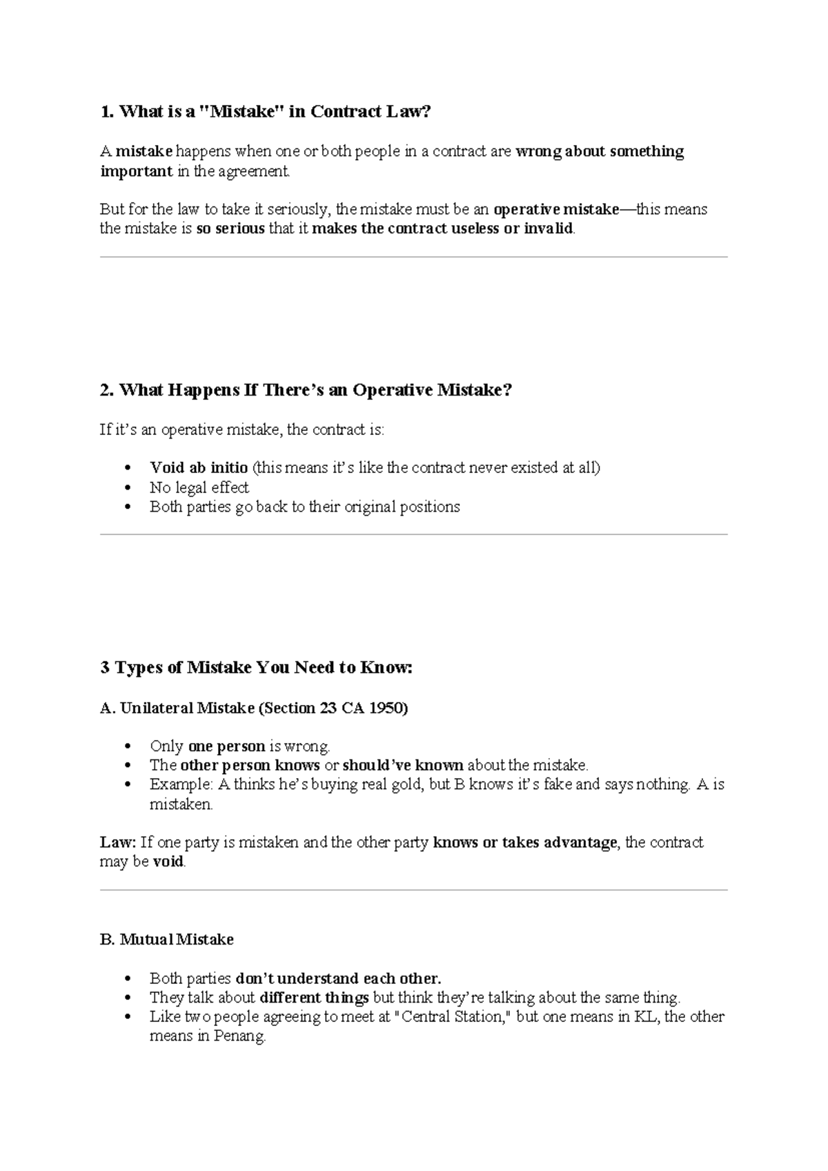 Mistake in Contract Law: Key Types & Legal Effects (CA 1950) - Studocu