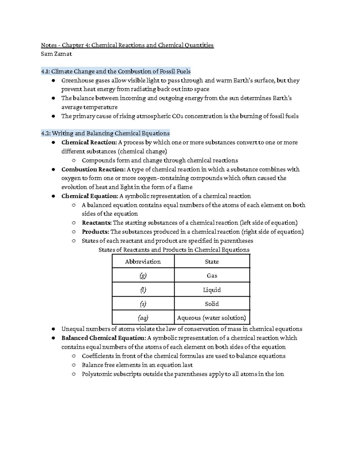 Notes - CH 4: Chemical Reactions & Quantities Overview - Studocu