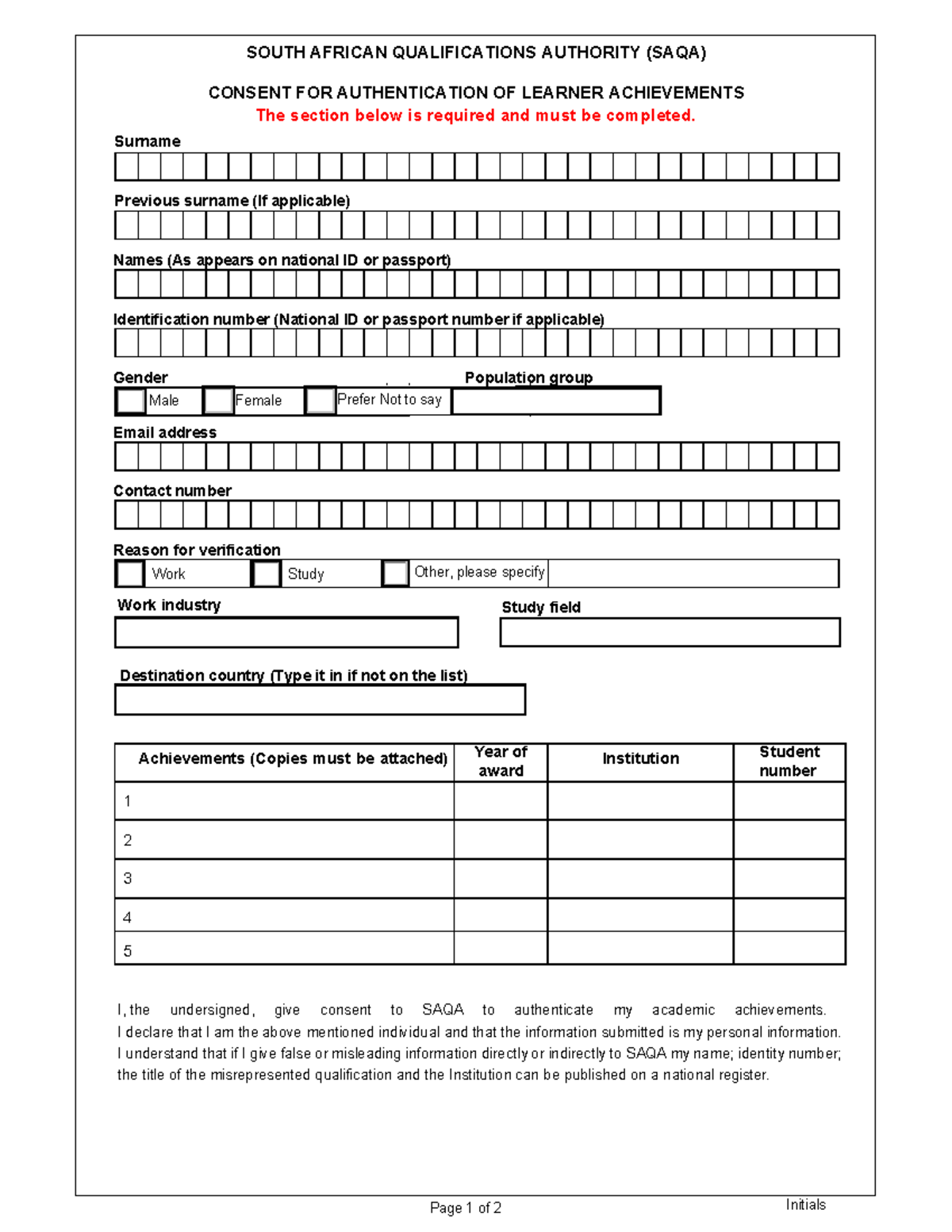 SAQA Consent Form for Verification of Qualifications - Studocu