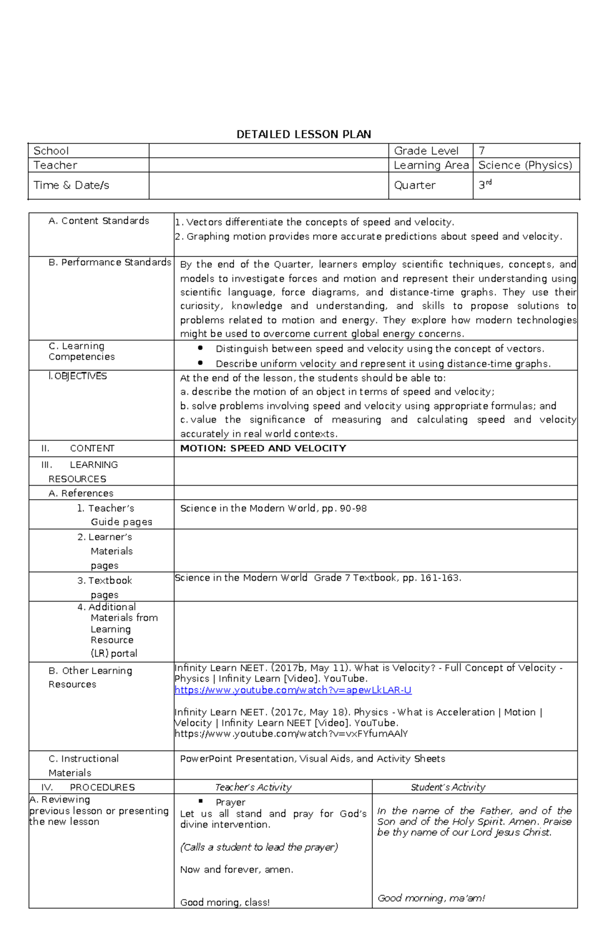 DLP 7th Grade Science (Physics) Lesson Plan on Speed & Velocity - Studocu