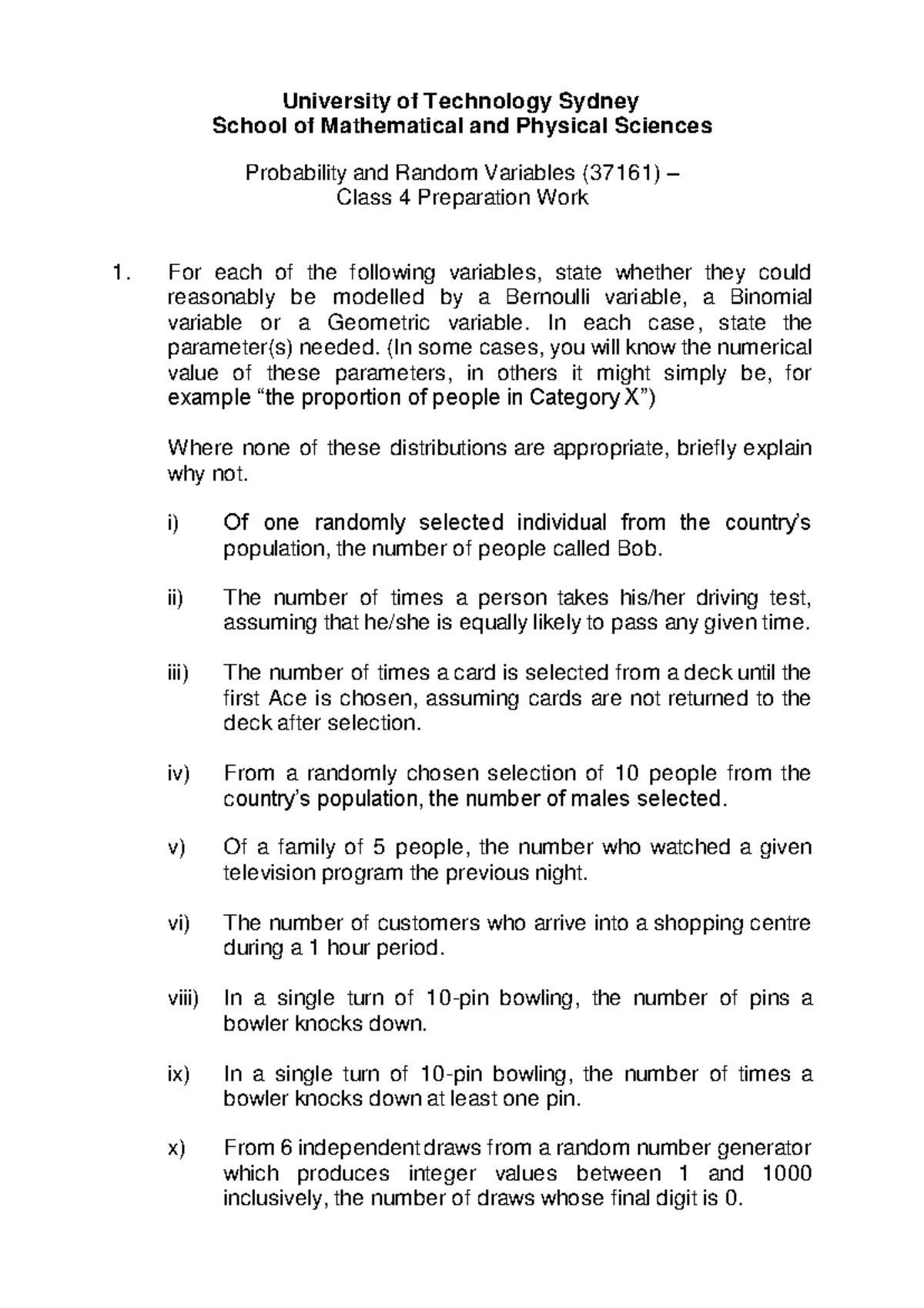 37161 Class 4 Prep - Probability & Random Variables Practice - Studocu