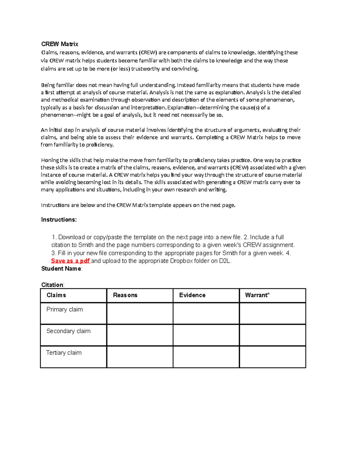 CREW Matrix Template for Analyzing Course Material - Studocu
