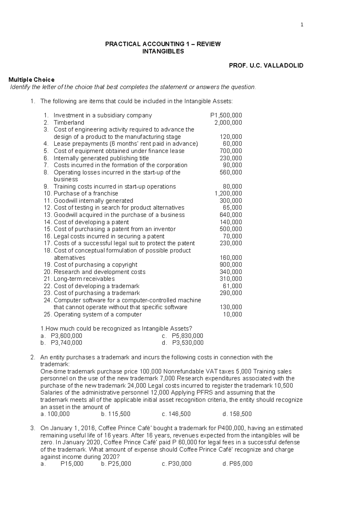 Intangibles Practice Sets for Practical Accounting 1 (PA-1) Review ...