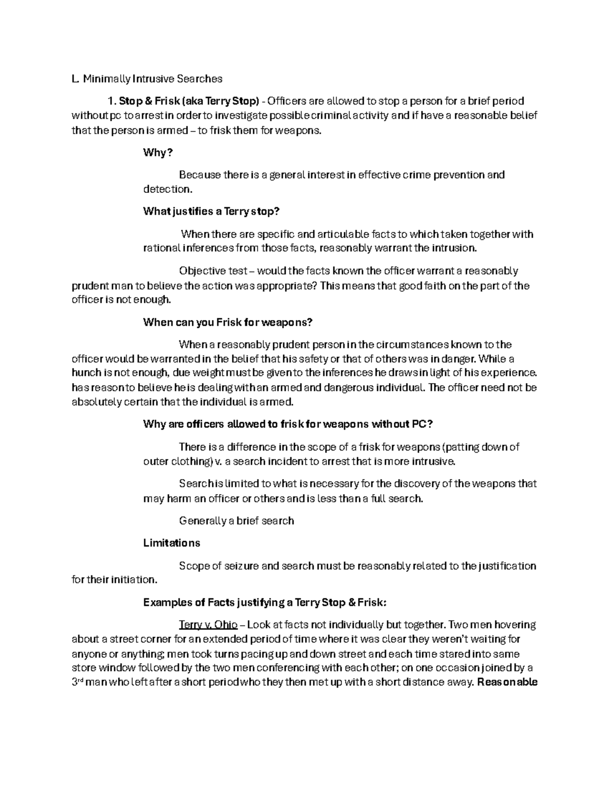 Crim Pro Outline: Minimally Intrusive Searches & Terry Stops - Studocu