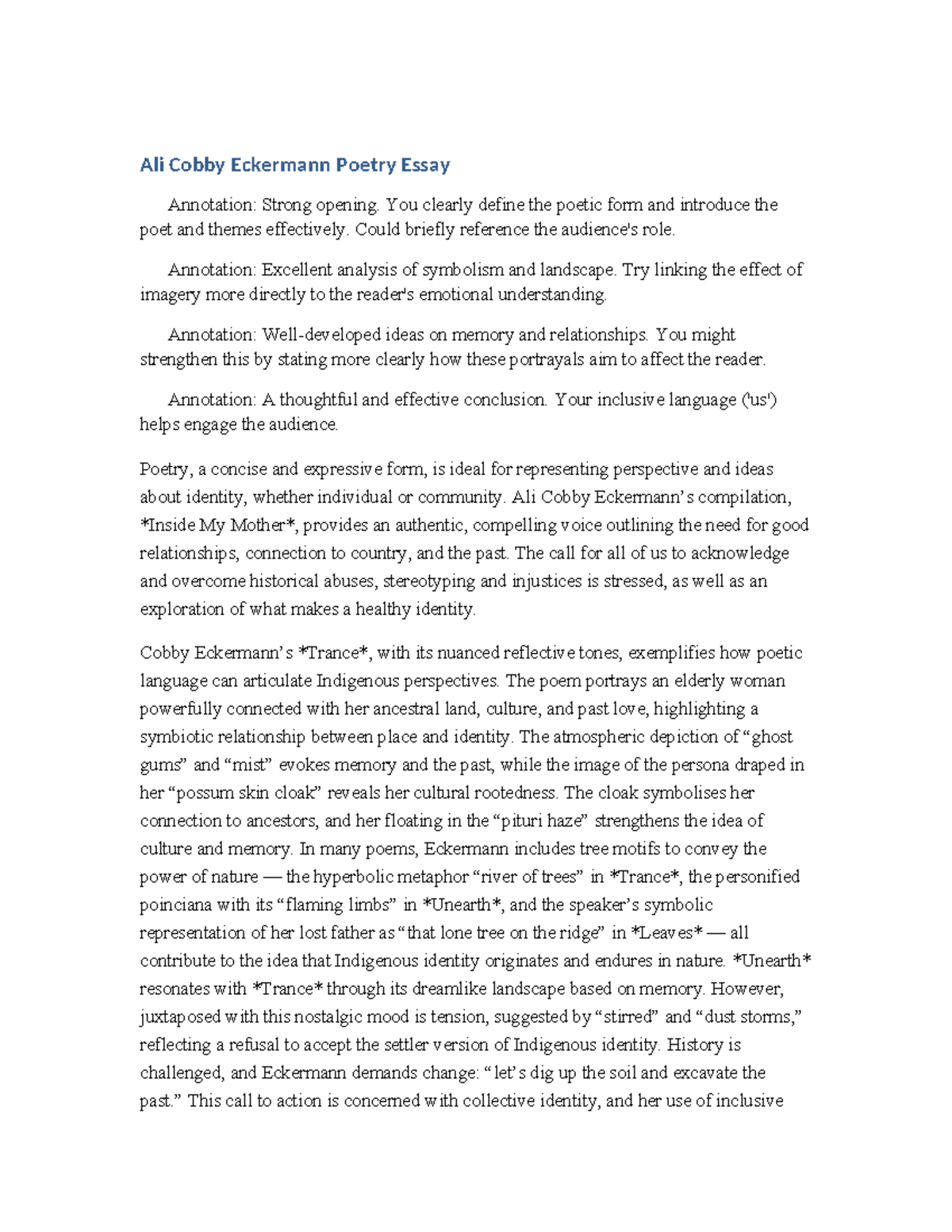 Ali Cobby Eckermann Poetry Essay Annotation: Insights on Identity and Memory - Studocu