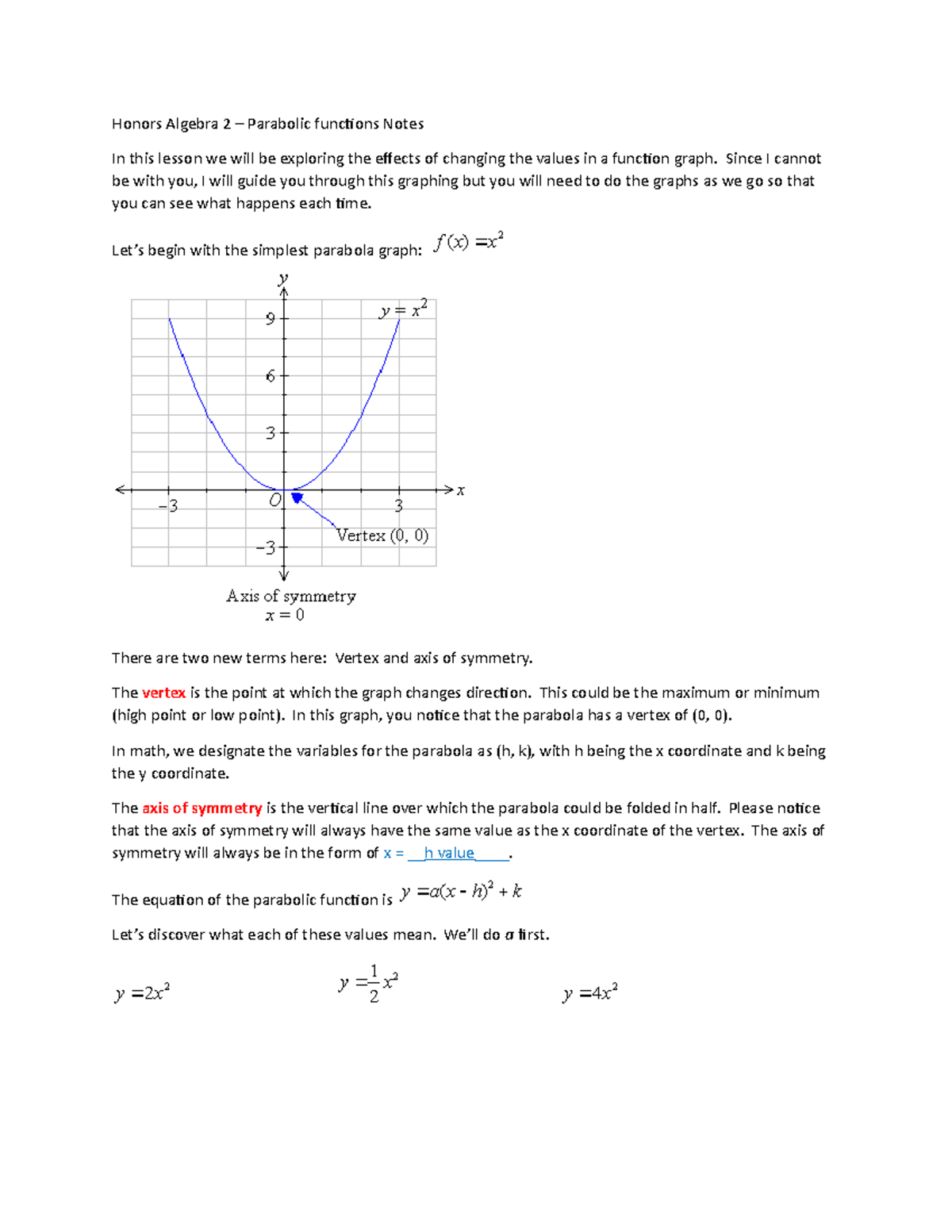 April 20, Parabola notes and hw - Honors Algebra 2 – Parabolic ...