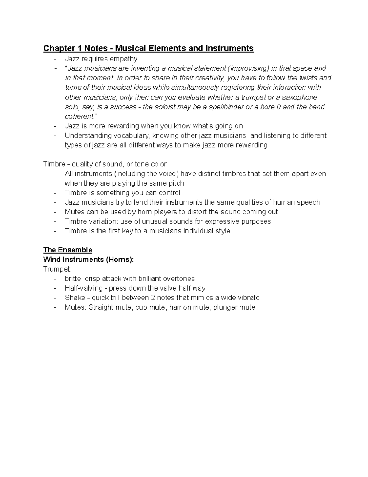Chapter Notes: Jazz Elements and Roots (Chapters 1-4) - Studocu