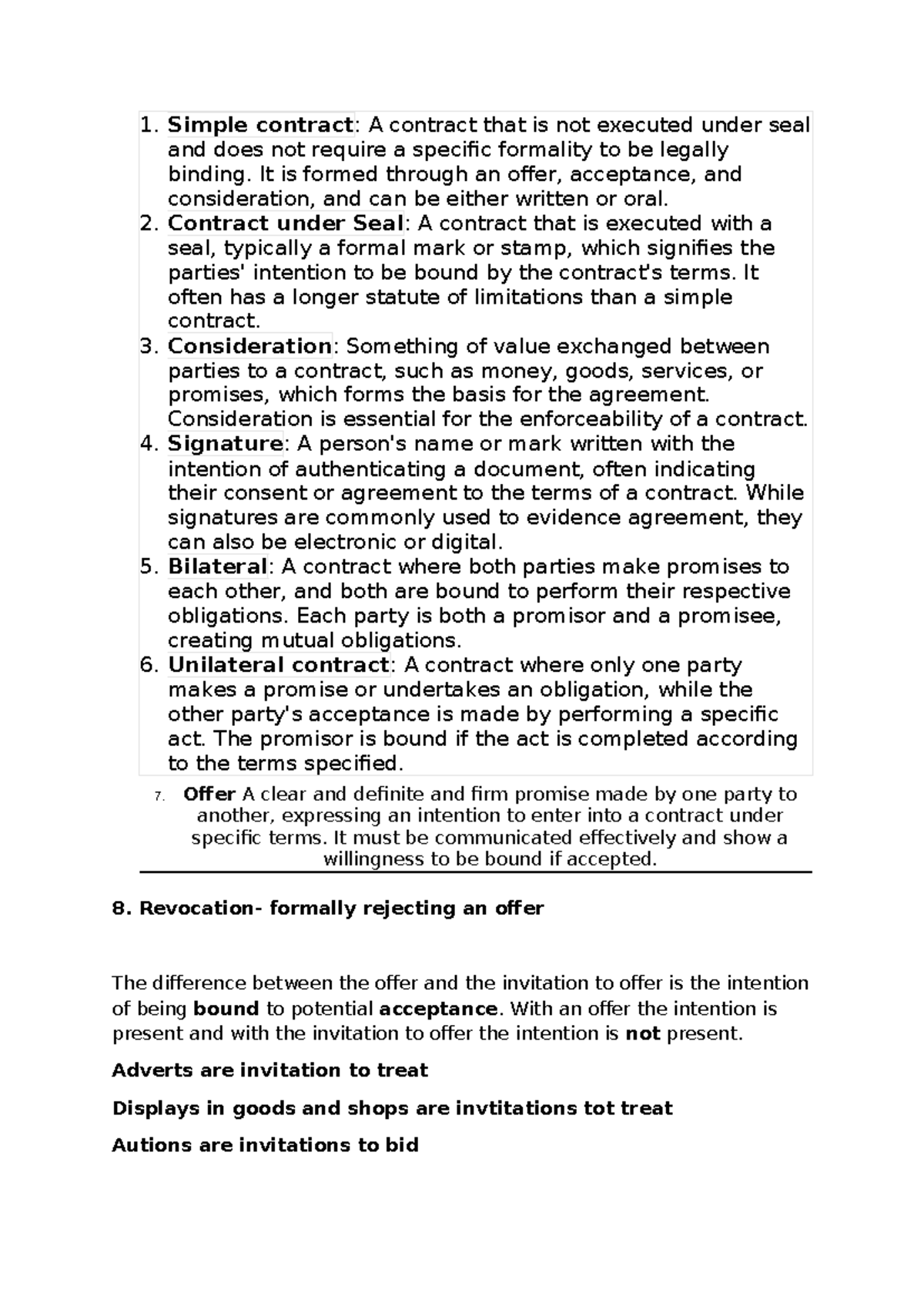 Contract Law Notes for Exam: Key Concepts & Definitions - Studocu