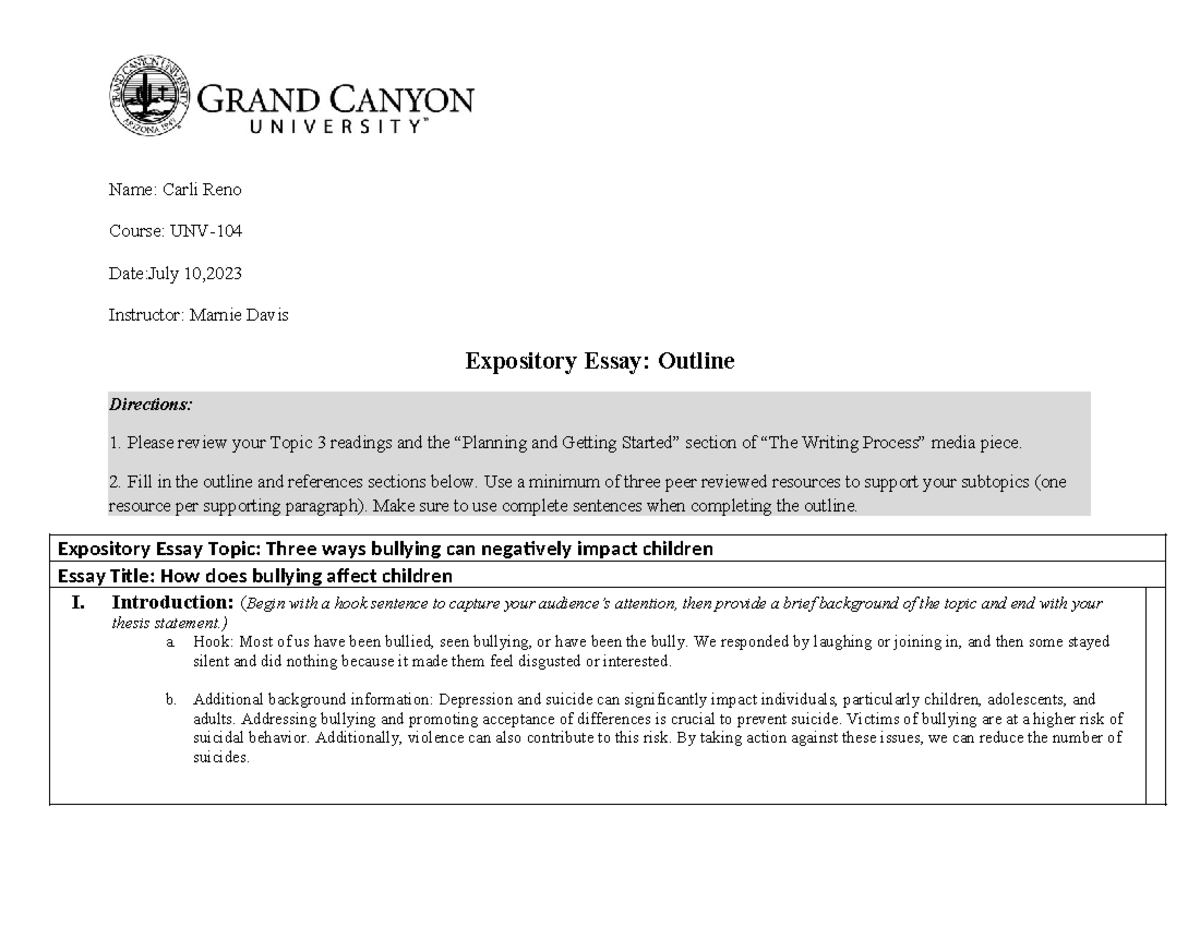 UNV 104 RS T3 Expository Essay Outline: Impact of Bullying on Children ...