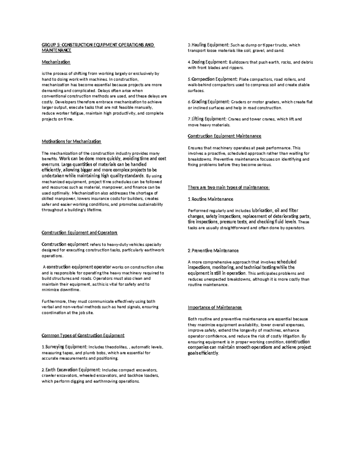 G5: Construction Equipment Operations & Maintenance Overview - Studocu