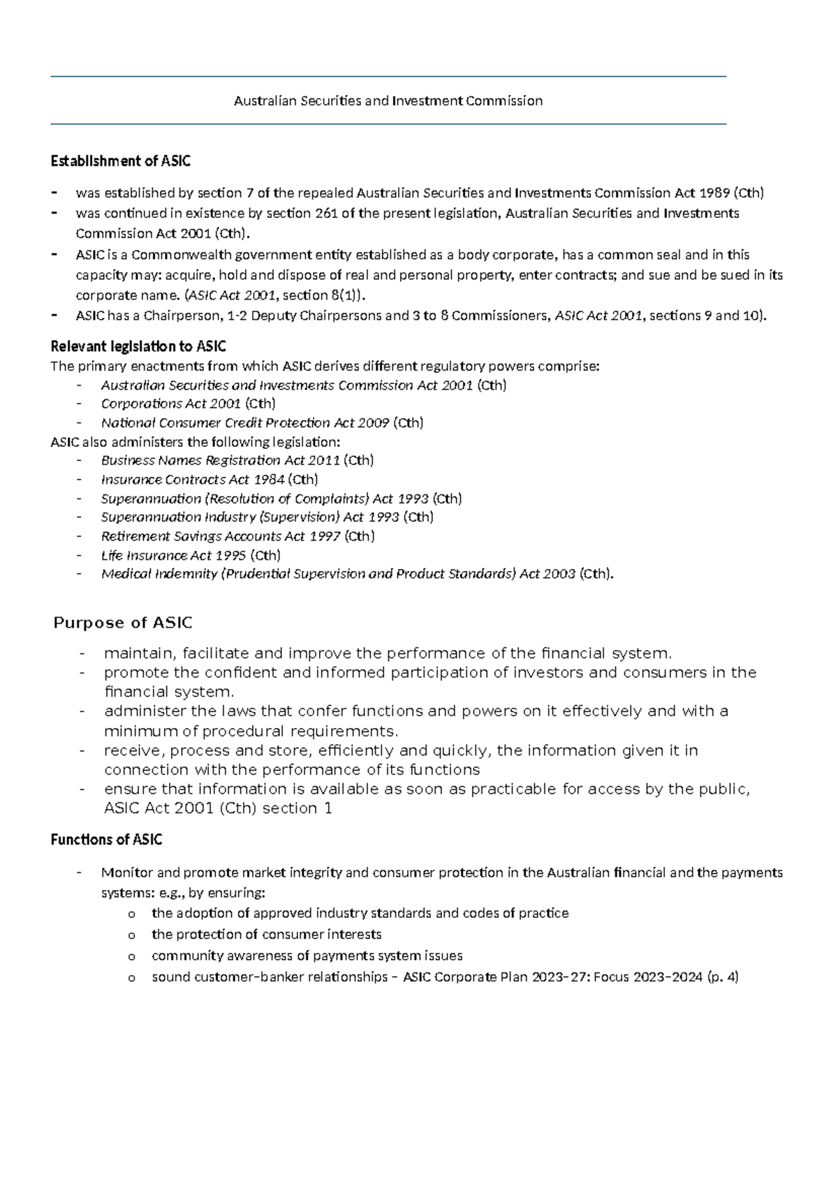 ASIC - notes for ASIC - Australian Securities and Investment Commission ...