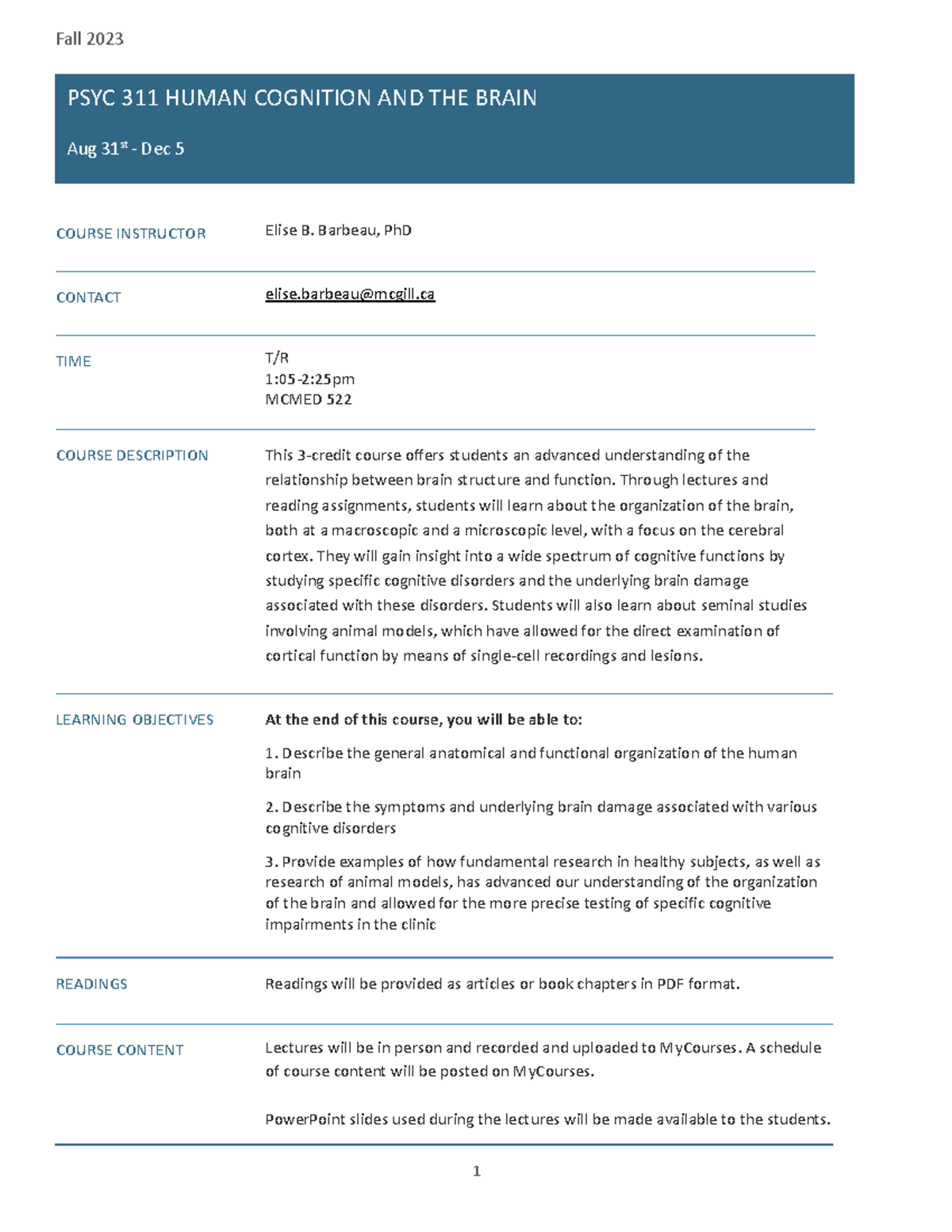 PSYC 311 Human Cognition & Brain Course Syllabus - Fall 2023 - Studocu